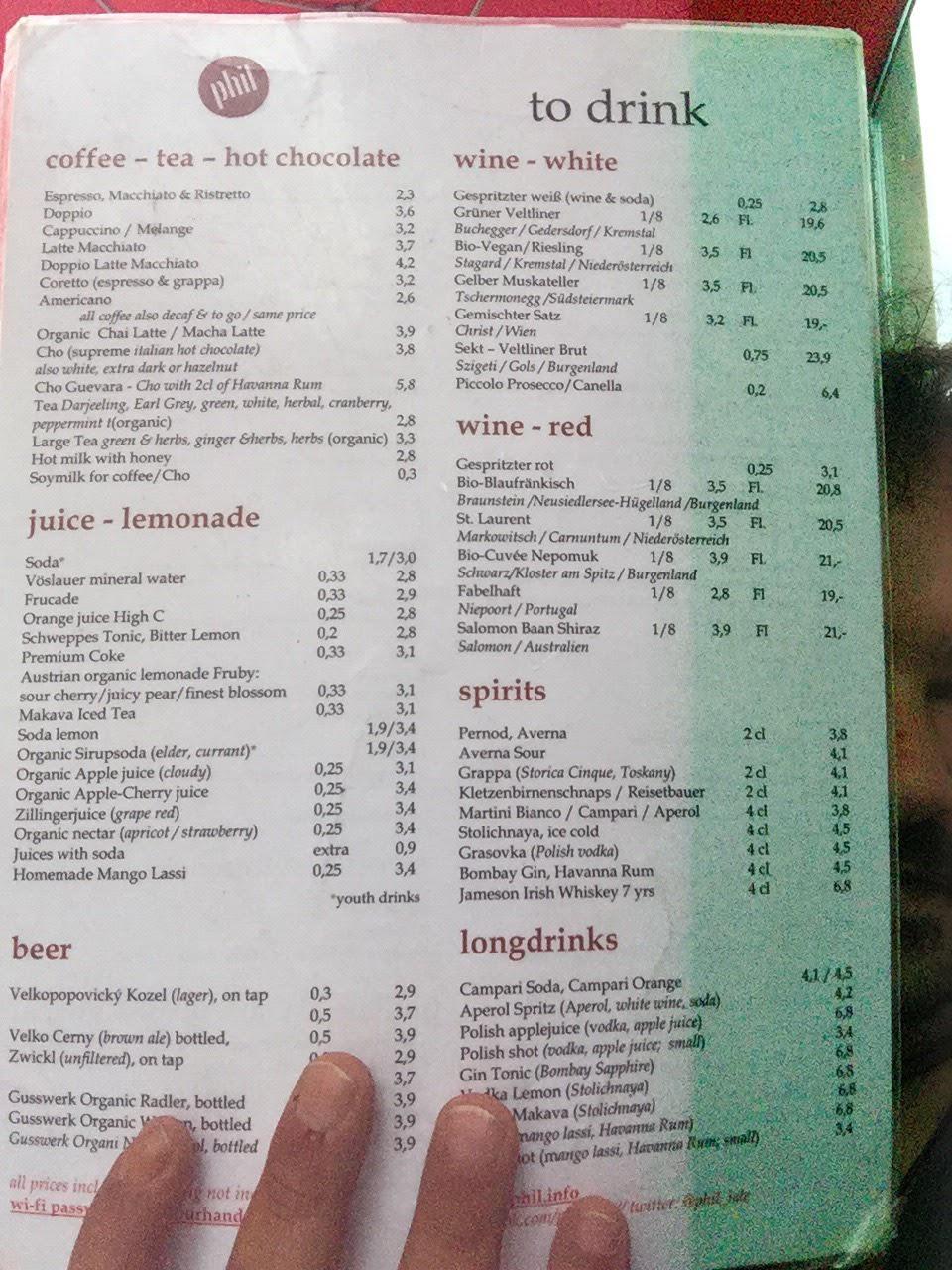 Menu at phil cafe, Vienna