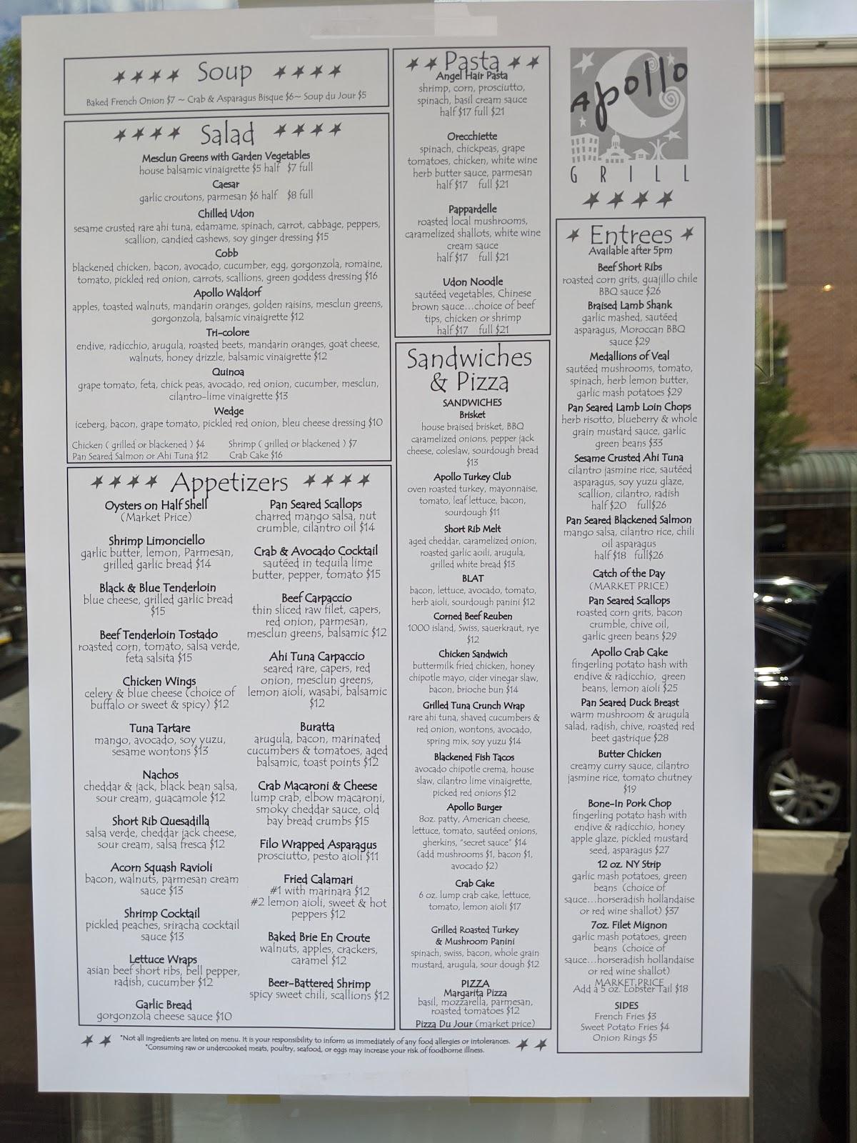 Menu at Apollo Grill pub & bar, Bethlehem