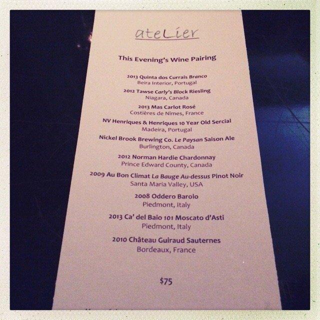 Menu at Atelier restaurant, Ottawa
