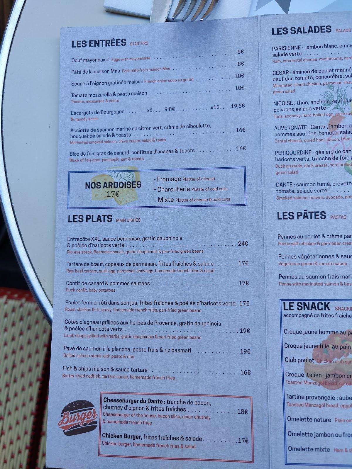 Carta del restaurante Le Dante, Paris
