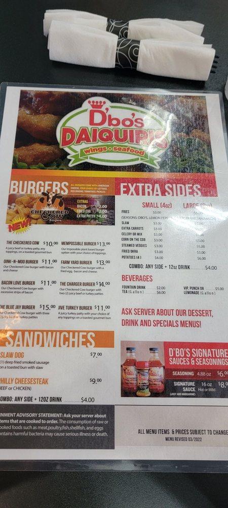 Menu at D'bo's Daiquiris, Wings & Seafood pub & bar, Southfield