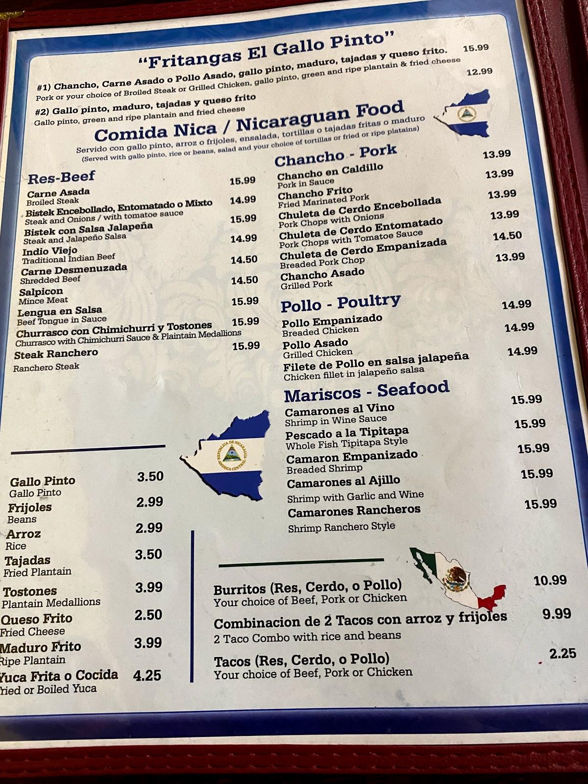 Carta del restaurante El Gallo Pinto, Azusa