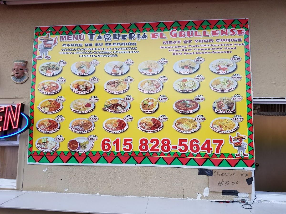 Menu at El Grullense Taqueria restaurant, Hendersonville