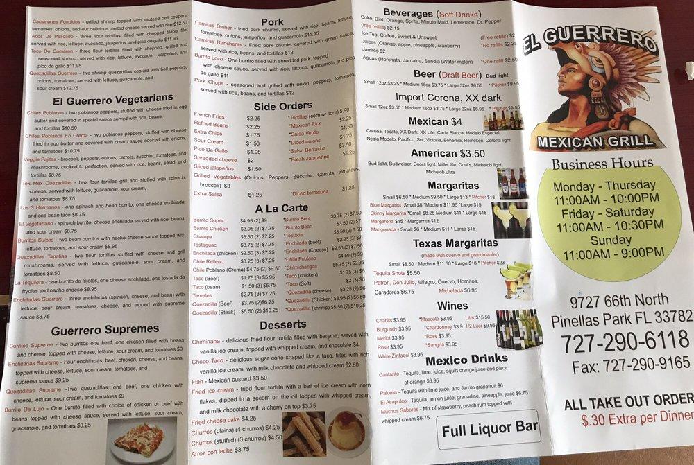 Menu at El Guerrero Mexican Grill restaurant, Pinellas Park