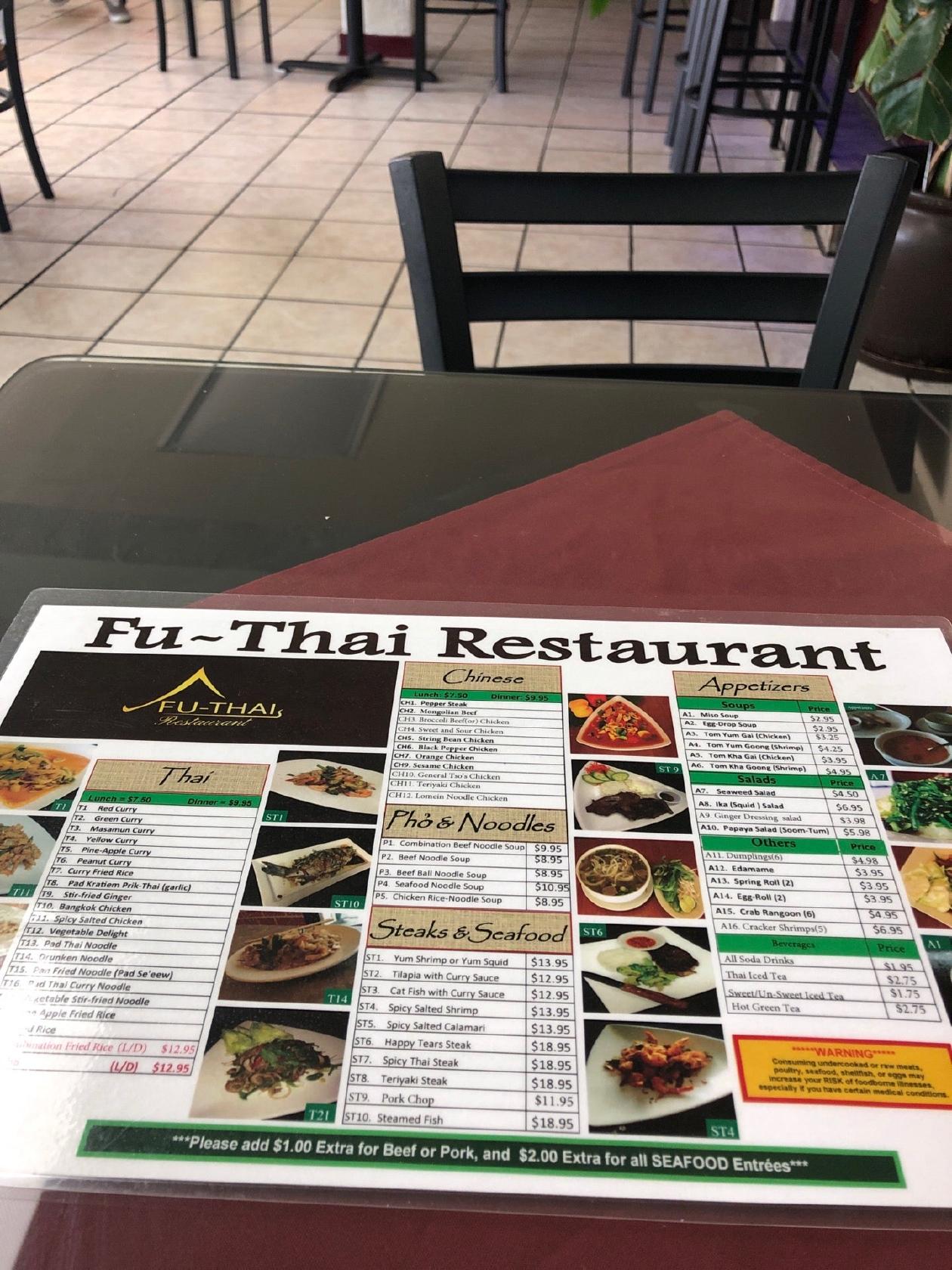 Menu at Fu-Thai restaurant, Tulsa
