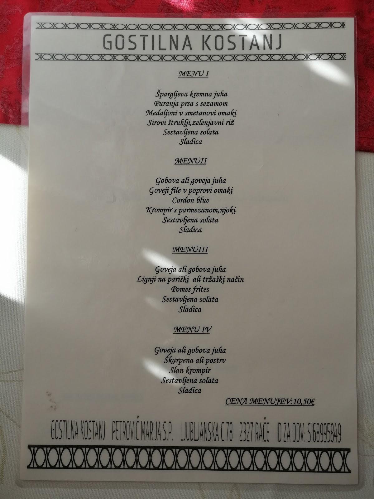 Menu da Gostilna Kostanj ristorante, Rače