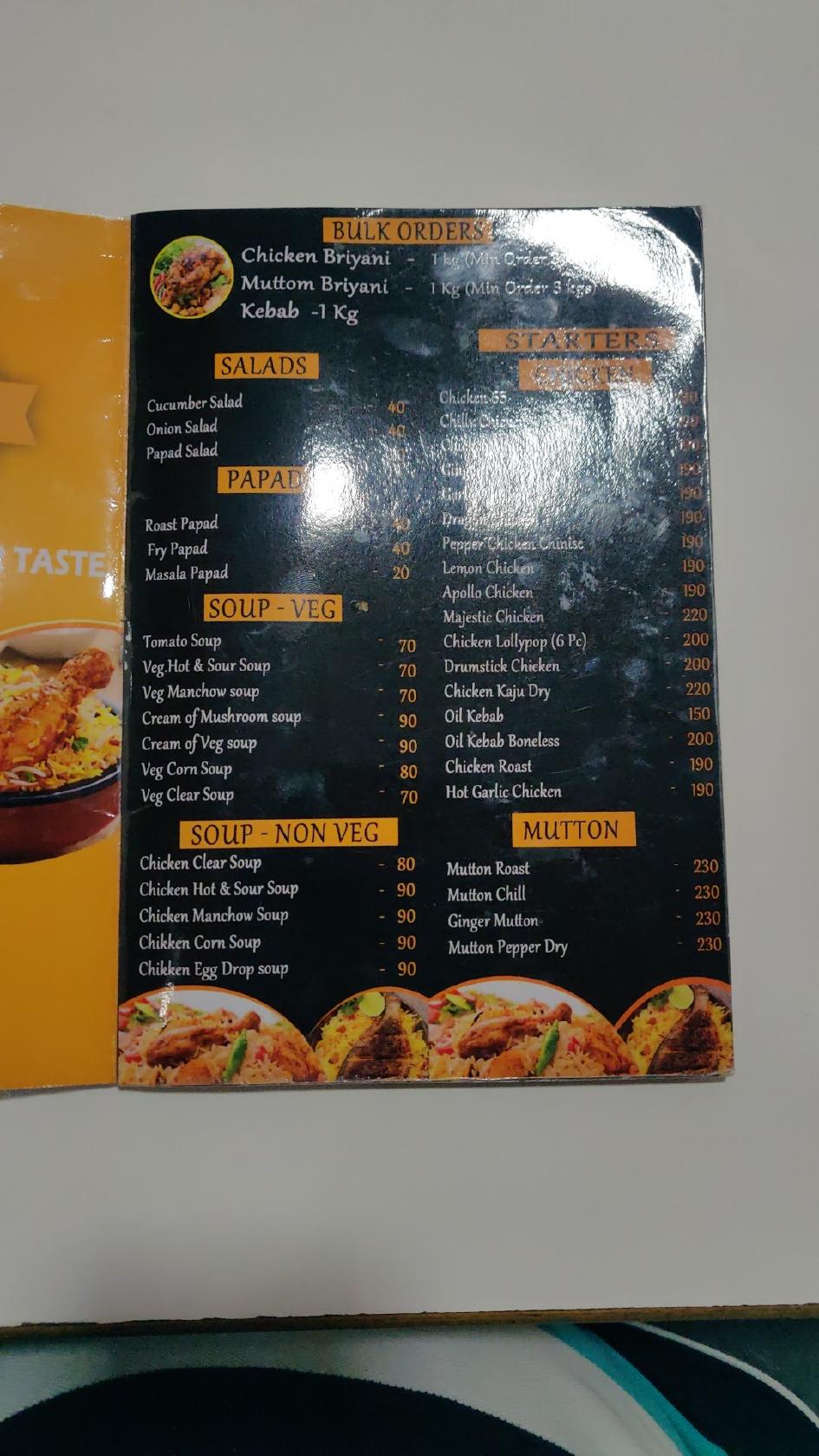Menu at Hyderabad Briyani House, Anantapur