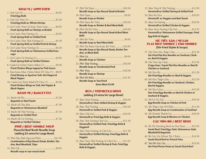 Menu at Pho BamBoo restaurant, Beaumont
