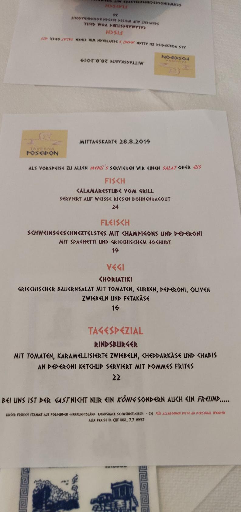 Menu at Poseidon, Uster