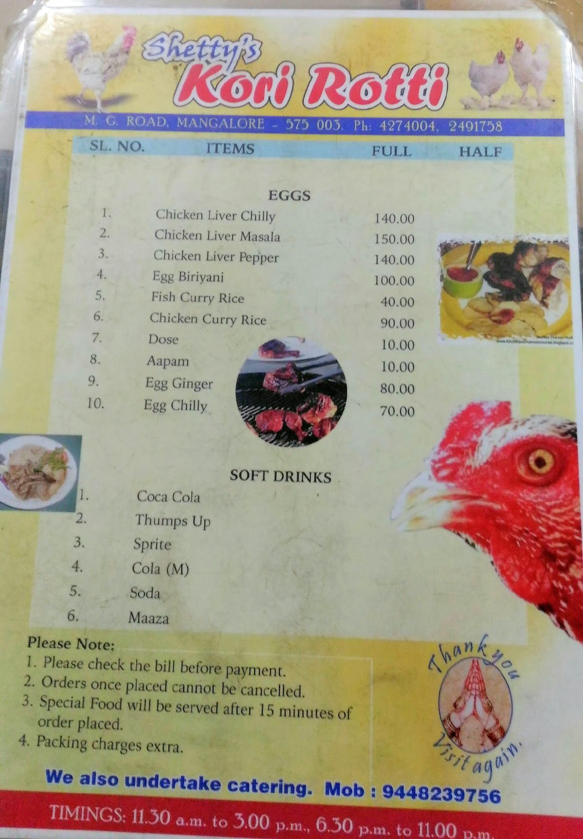 Menu at Shetty's Kori Rotti, Mangaluru