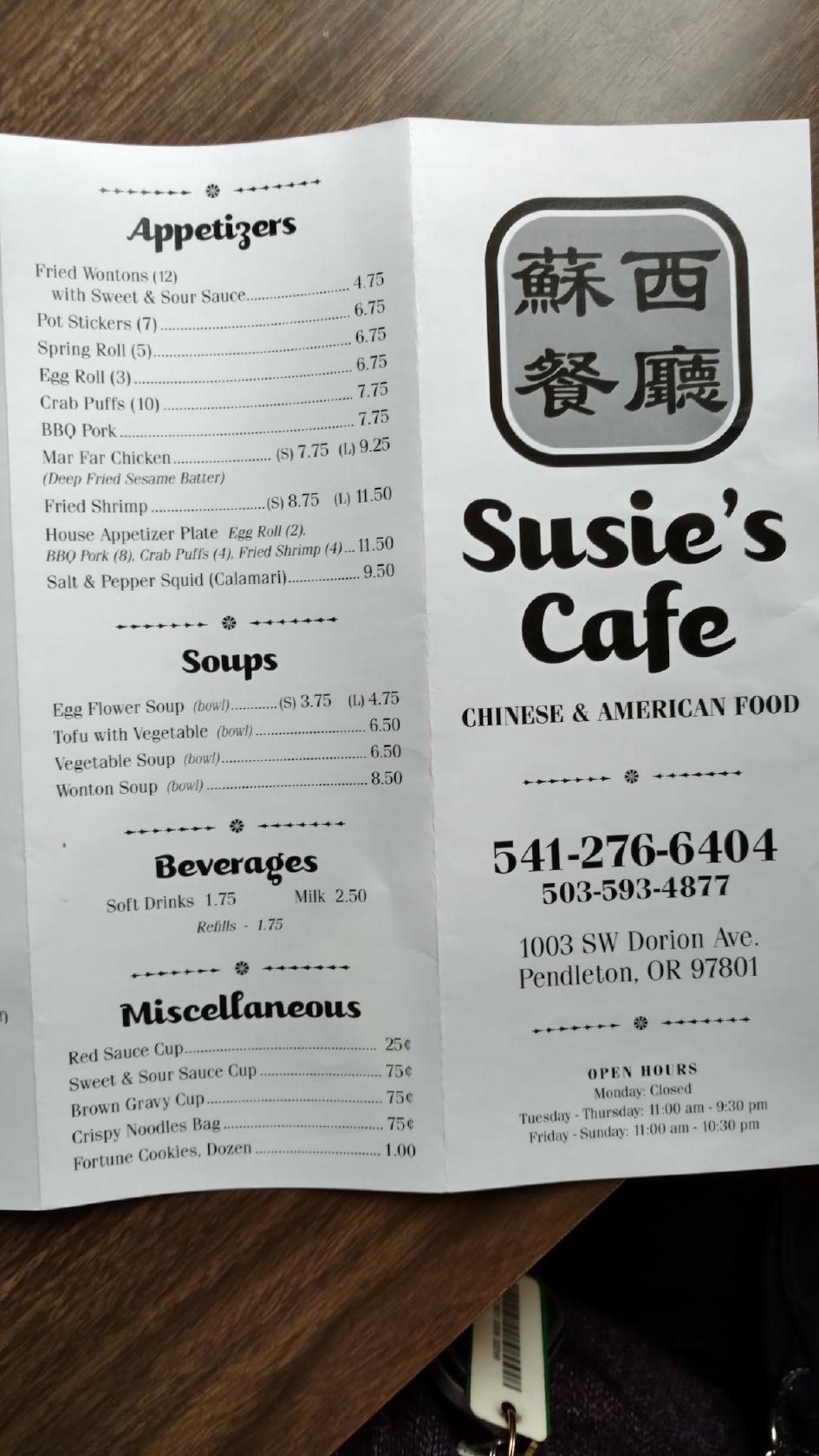 Menu at Susie's Cafe, Pendleton