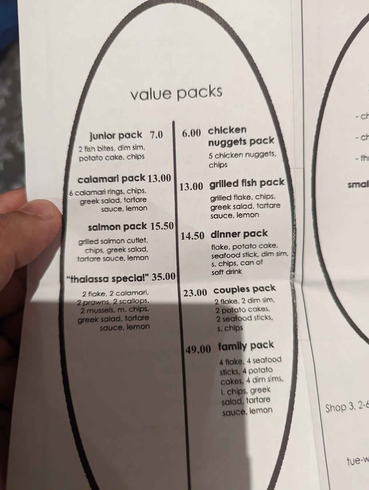 Menu at Thalassa Fish and Chippers restaurant, Hoppers Crossing