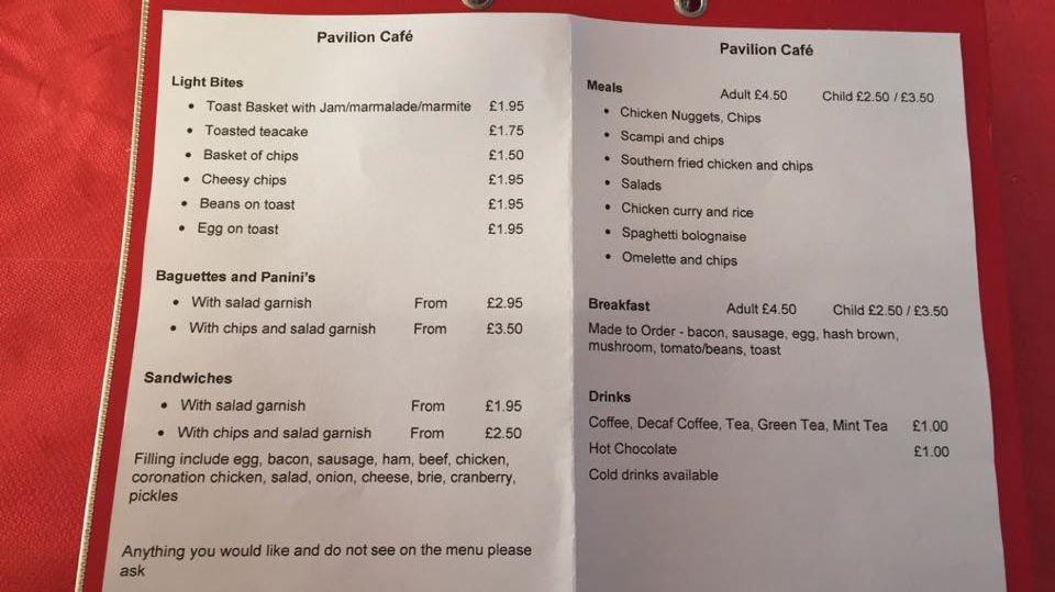 Menu at The Pavilion Cafe, Swindon
