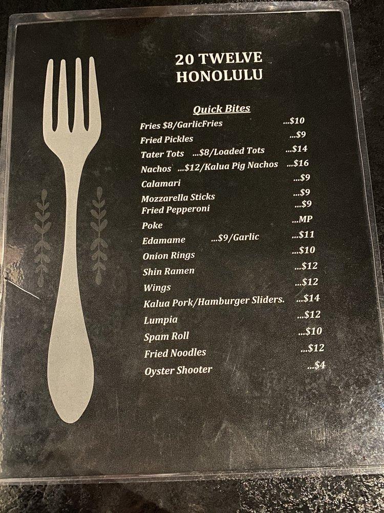 Menu at 20.Twelve Honolulu pub & bar, Honolulu
