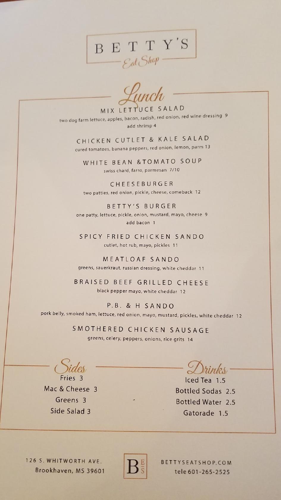 Menu at Betty's Eat Shop restaurant, Brookhaven