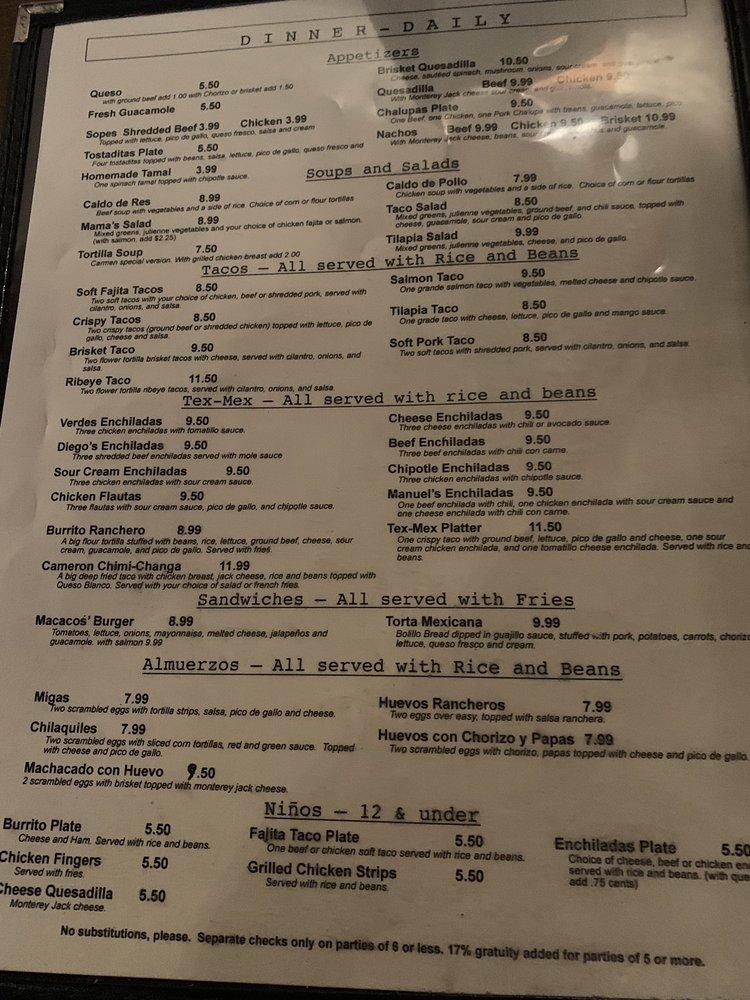 Menu at Casa Mama's Restaurant, Dallas