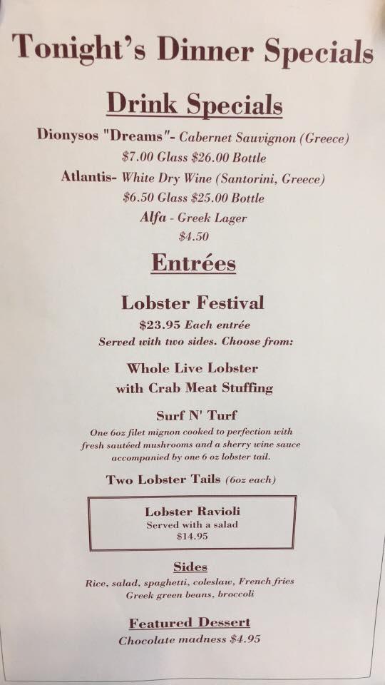 Menu at Crazy Greek restaurant, Woodlake
