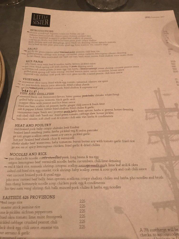 Menu at Little Sister DTLA restaurant, Los Angeles
