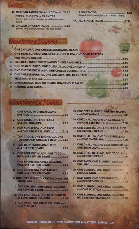 Menu at Los Dos Charros Mexican Restaurant, Huntingburg