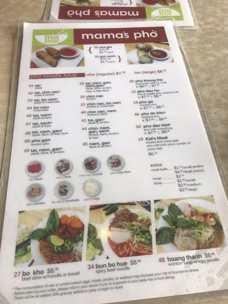 Menu at MaMa’s Pho restaurant, Lakewood