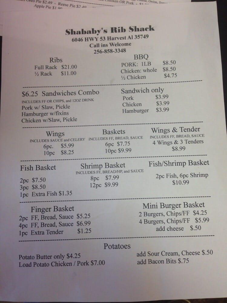 Menu at Shababy's Rib Shack BBQ, Harvest