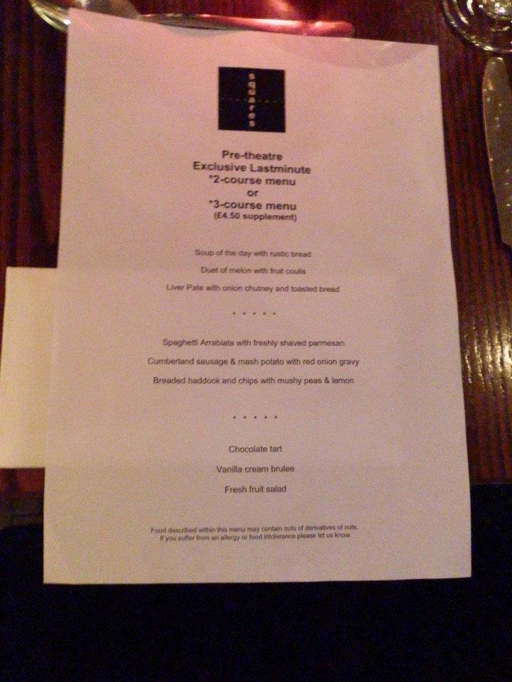 Menu at Squares restaurant, London
