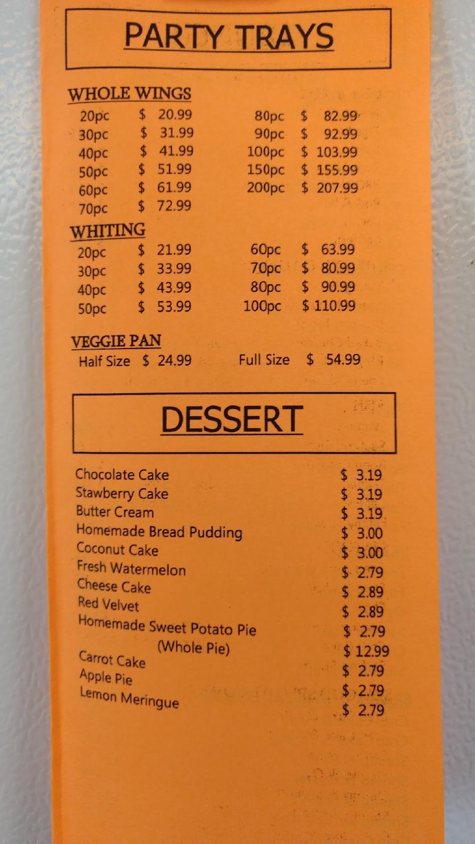 Menu at Suburban Seafood restaurant, Capitol Heights