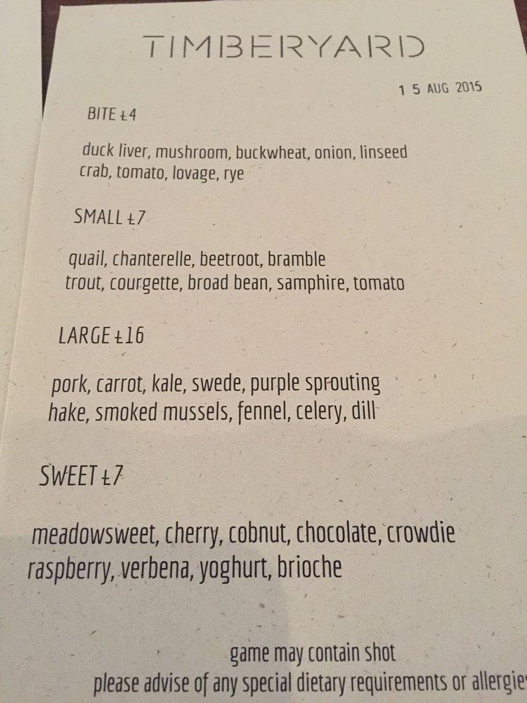 Menu at TIMBERYARD restaurant, Edinburgh, 10 Lady Lawson St