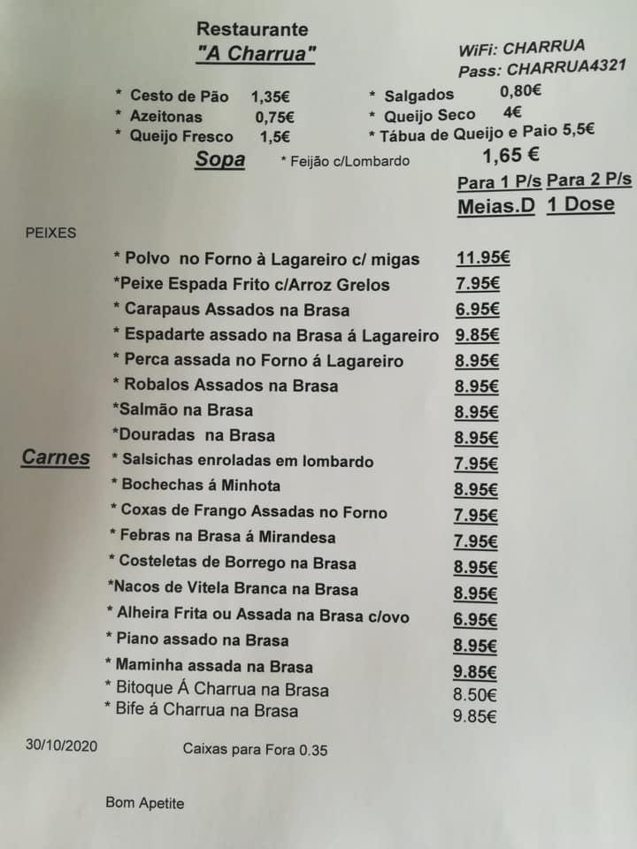 Carta del restaurante A Charrua da Quinta Grande, Amadora