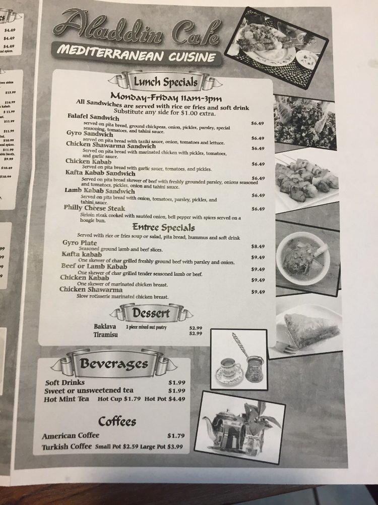 Menu at Aladdin Cafe, Crowley