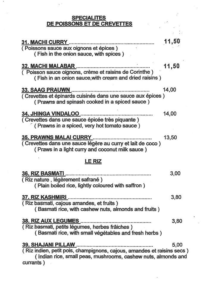 Menu at Chamkila restaurant, Antibes