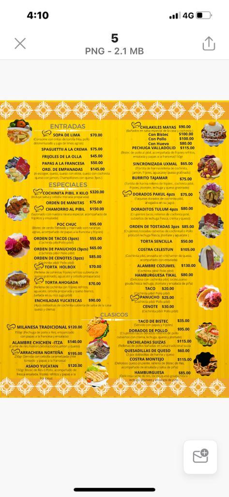 Menu at El Manjar Maya restaurant, Mexico City, Av. 506 17
