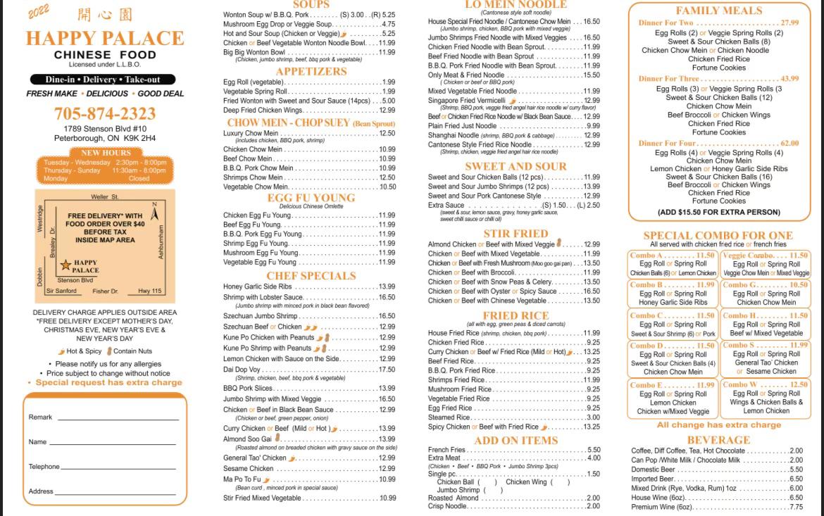 Menu at Happy Palace Chinese And Canadian Restaurant, Peterborough