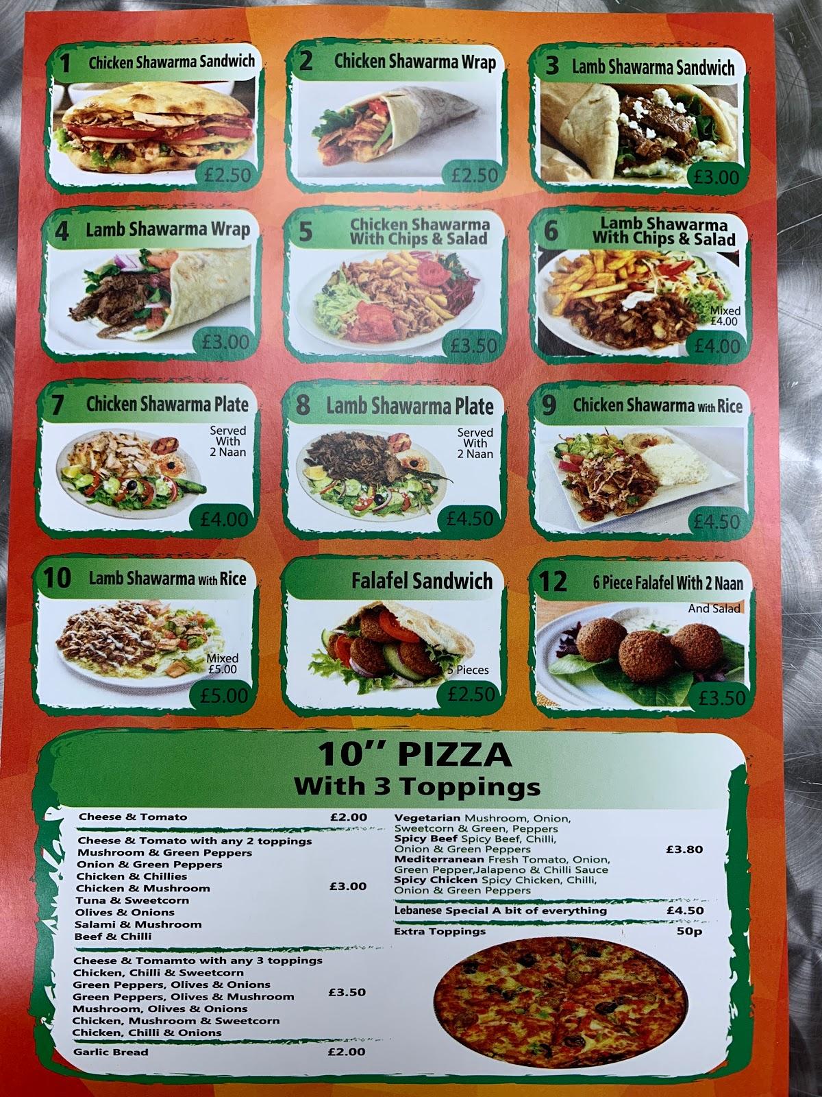 Menu at Lebanese Shawarma restaurant, Oldham