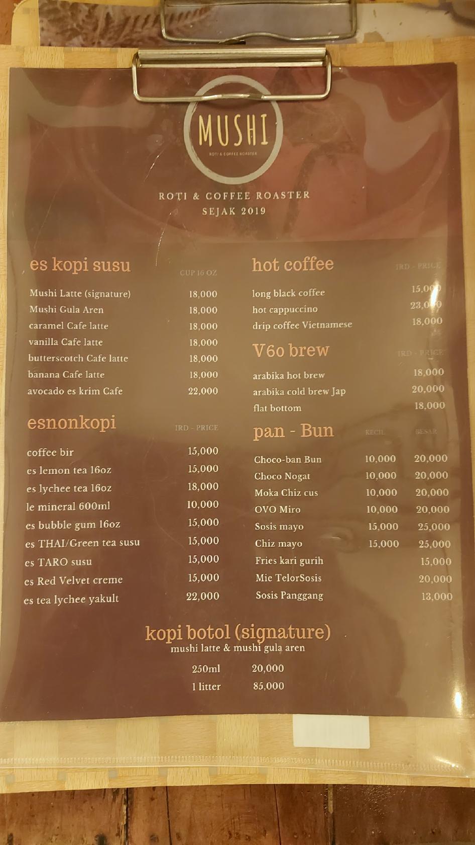 Menu at Mushi Kopi & Roti, West Jakarta