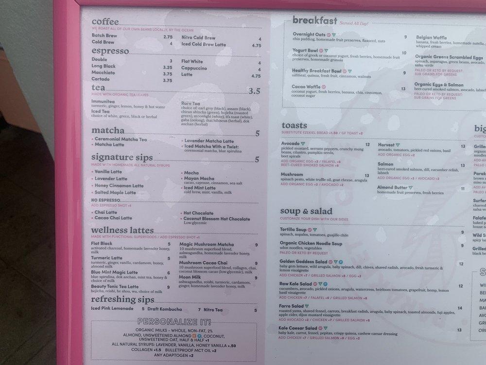 Menu at Parakeet Cafe, Coronado