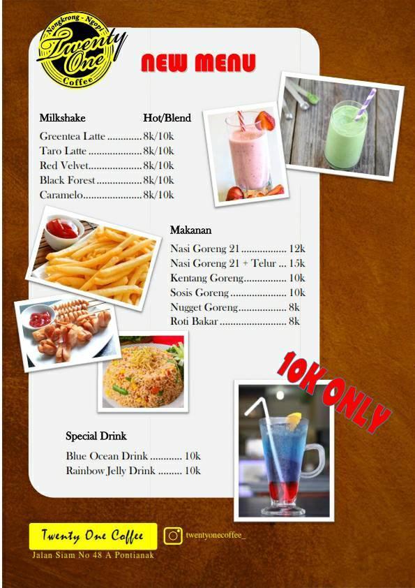 Menu at Twenty One Coffee cafe, Pontianak