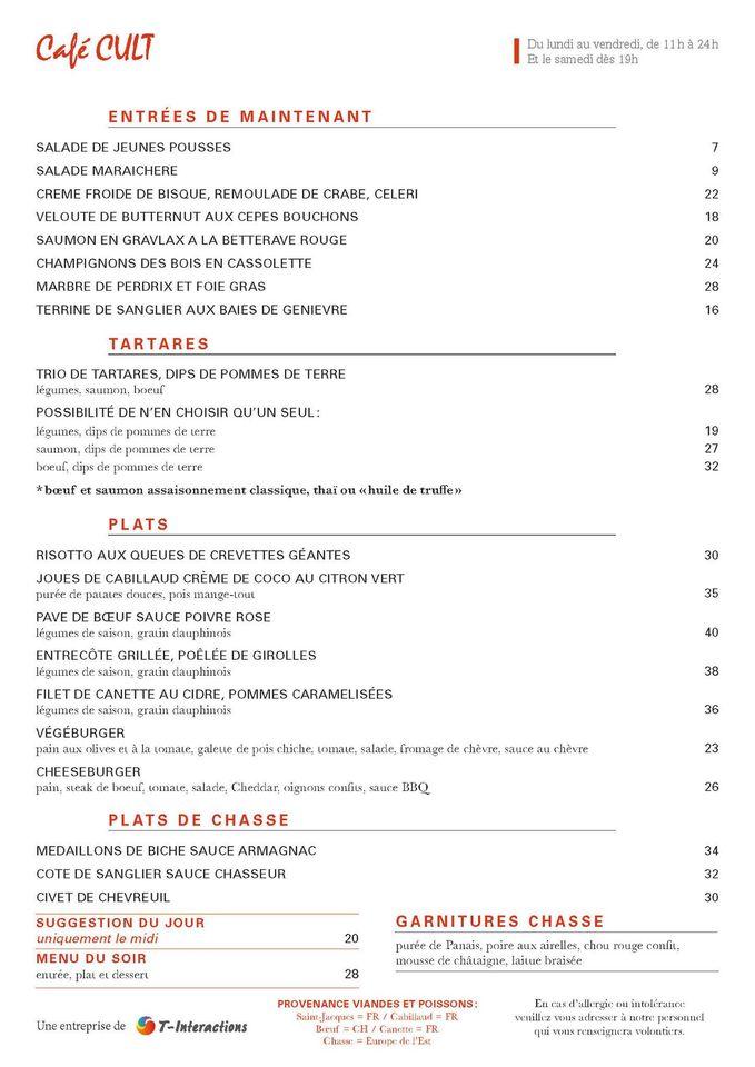 Menu at Café Cult, Geneva