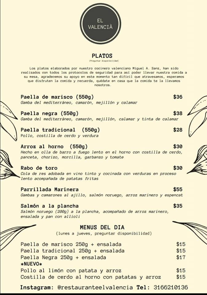 Menu at El Valencià restaurant, Cali, Cra. 12 #2-108