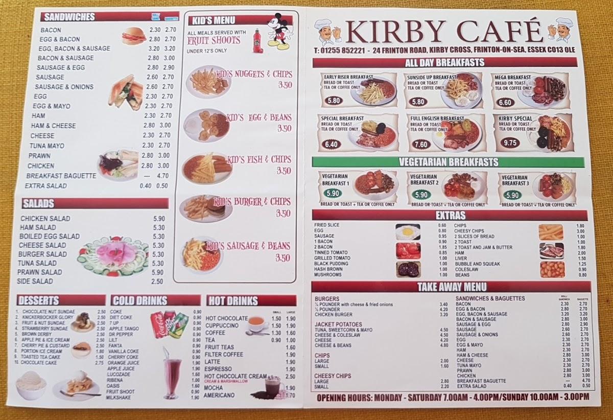 Menu at Kirby Cafe and Restaurant, Frinton-on-Sea