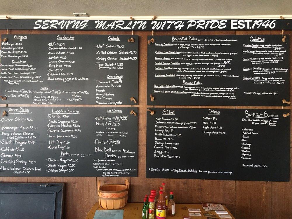 Menu at Lakeview Drive-In restaurant, Marlin, Hwy 6