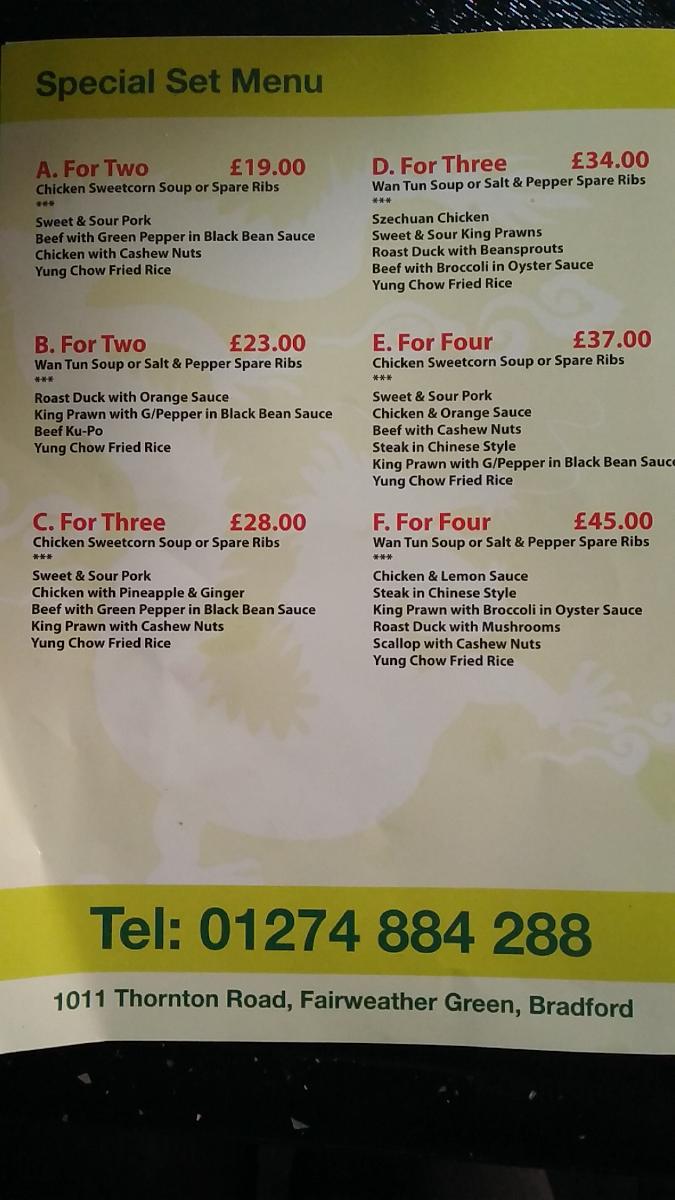 Menu at Maxim's fast food, Bradford