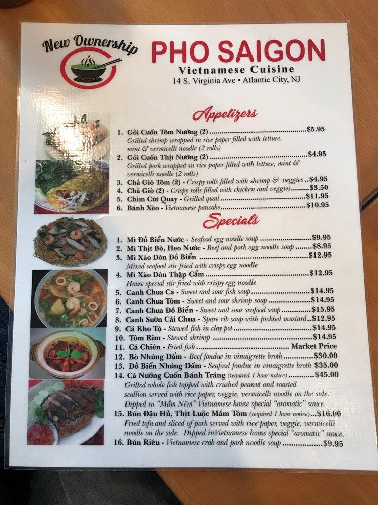Menu at Pho Saigon restaurant, Atlantic City