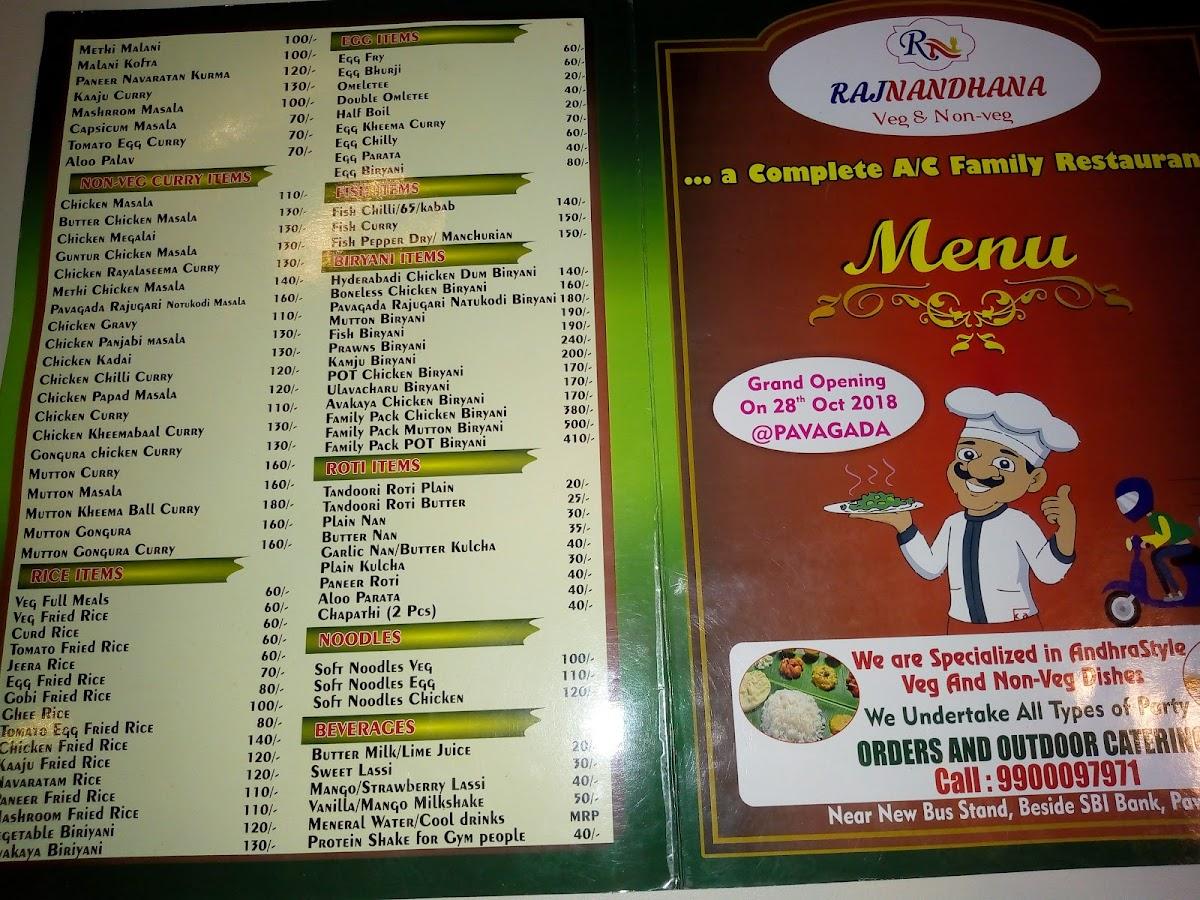 Menu at Rajnandhana Veg And Non-veg A/C Family Restaurant, Pavagada