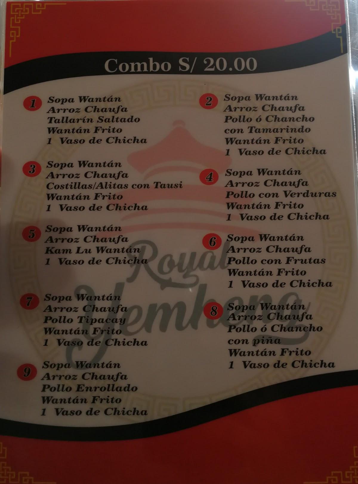 Carta del restaurante Royal Yemheng, Ica, Av Conde del Nieva 1018