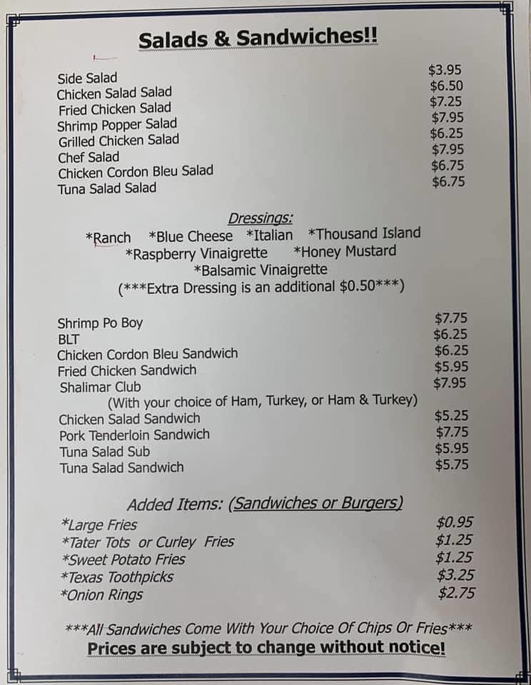 Menu at Shalimar Cheers pub & bar, Shalimar
