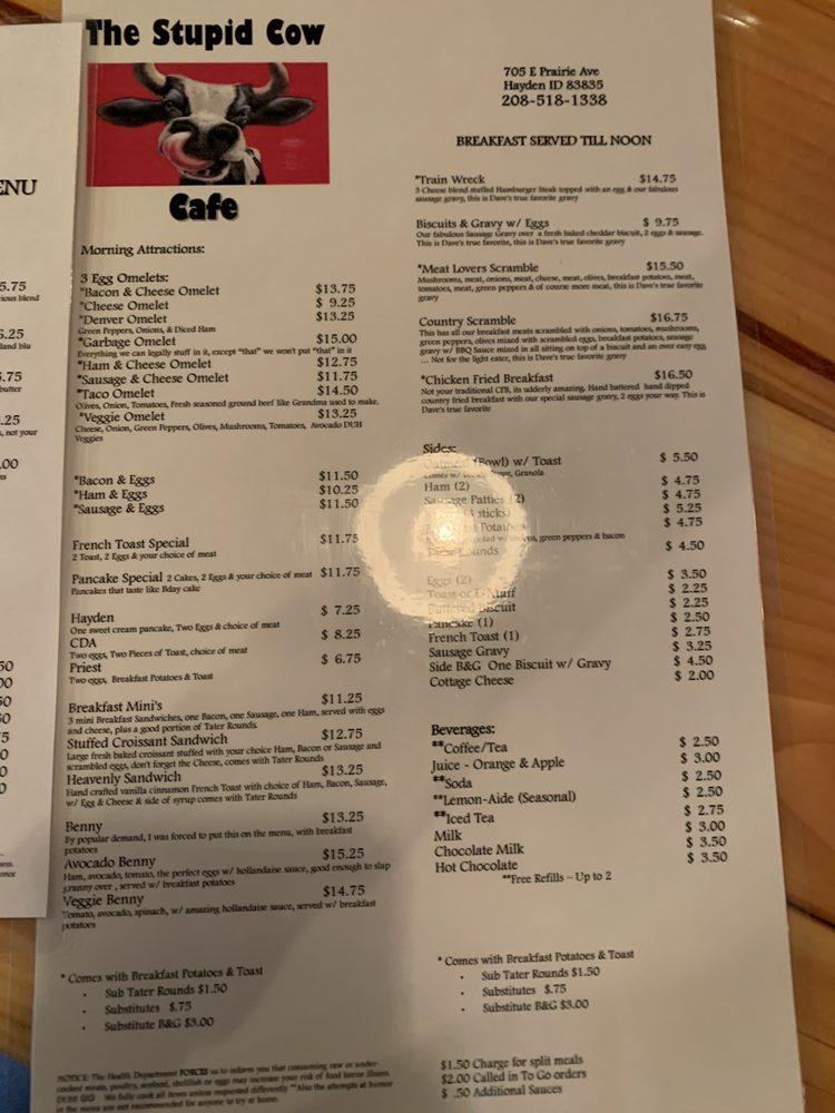 Menu at Stupid cow cafe' Hayden, Hayden