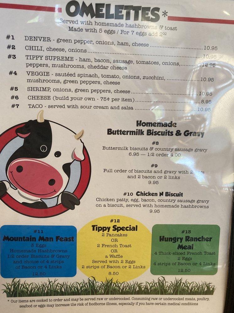 Menu at Tippy cow cafe, Billings