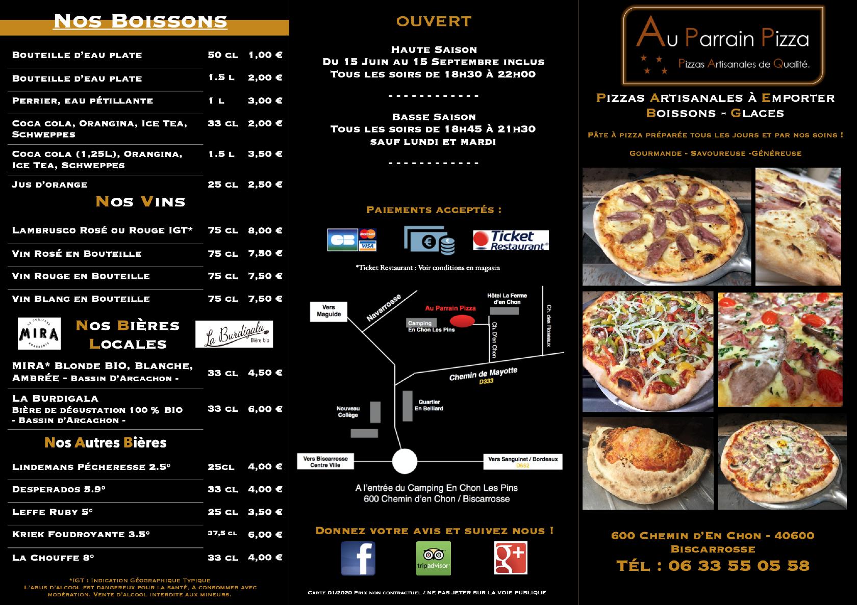 Menu au Au Parrain Pizza Biscarrosse Lac pizzeria, Biscarrosse