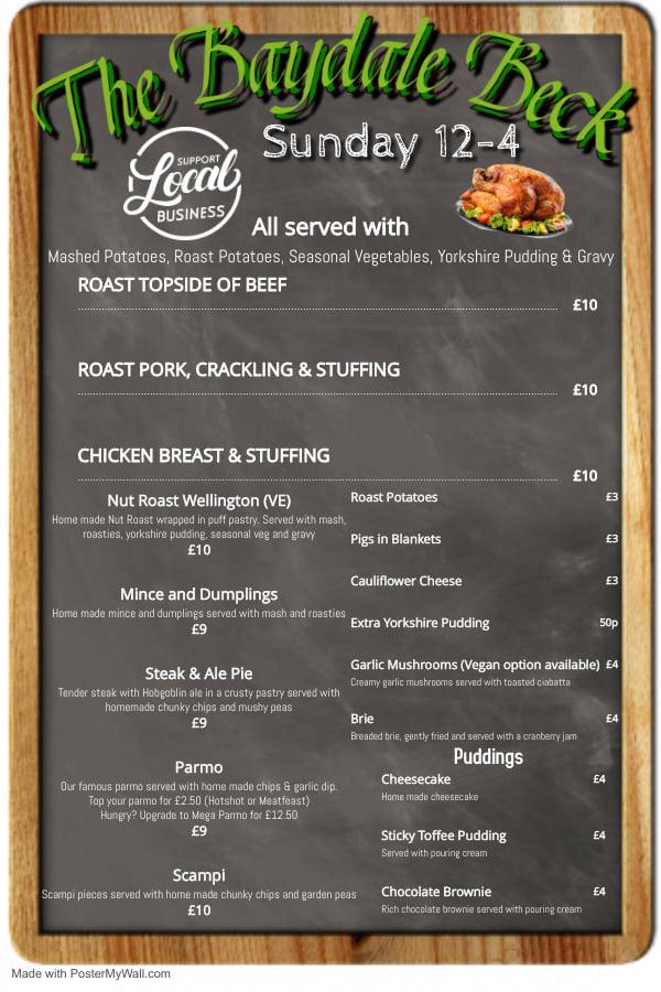 Menu at Baydale Beck Inn pub & bar, Darlington